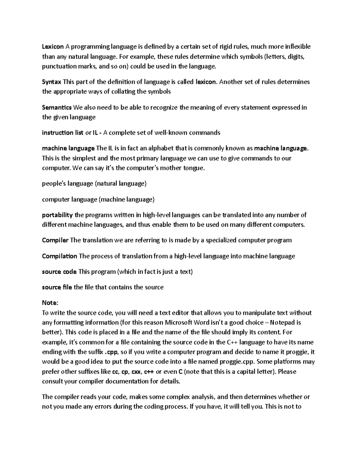 Computing Fundamentals - Lexicon A programming language is defined by a ...