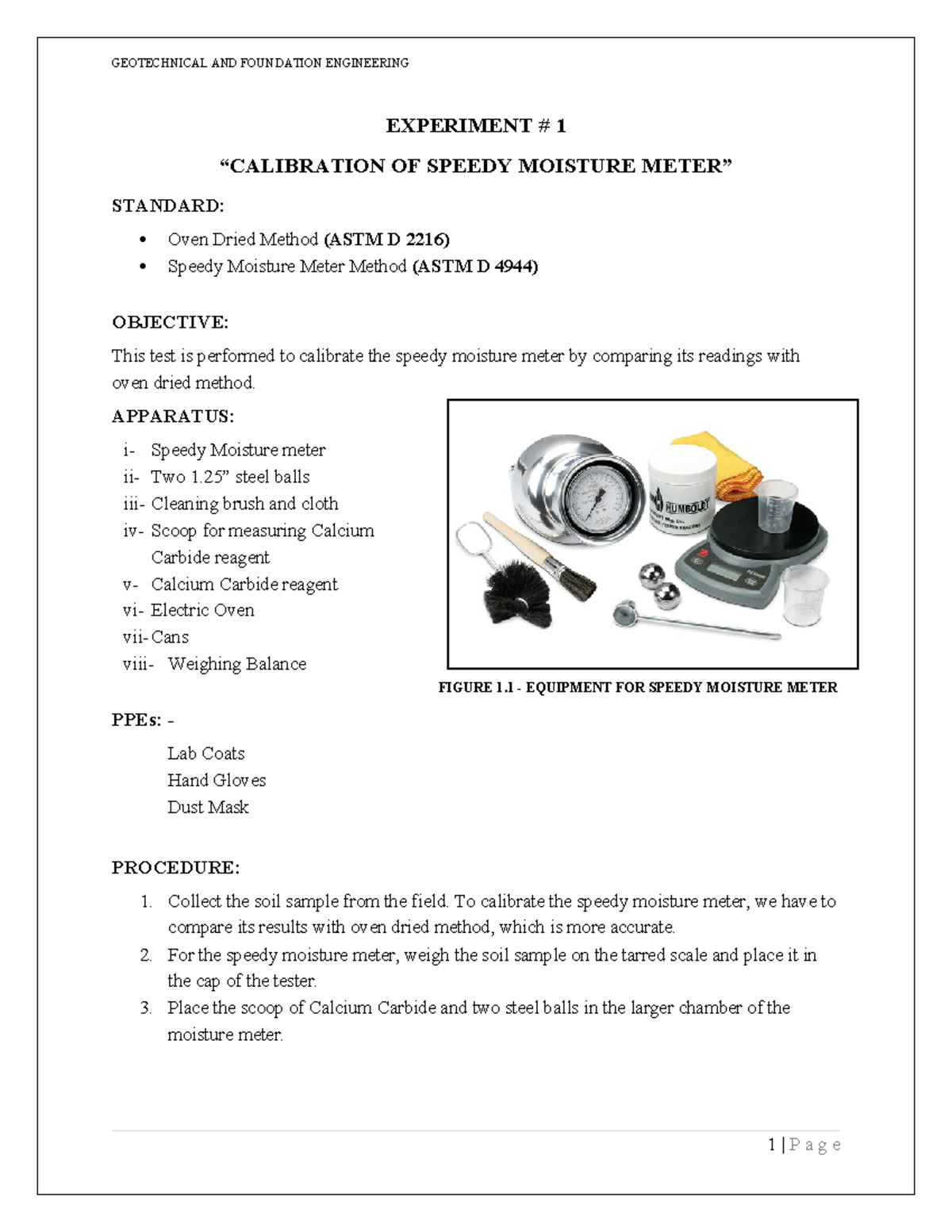 2. Geotechnical and foundation engineering Lab Manual - EXPERIMENT # 1 “CALIBRATION OF SPEEDY ...