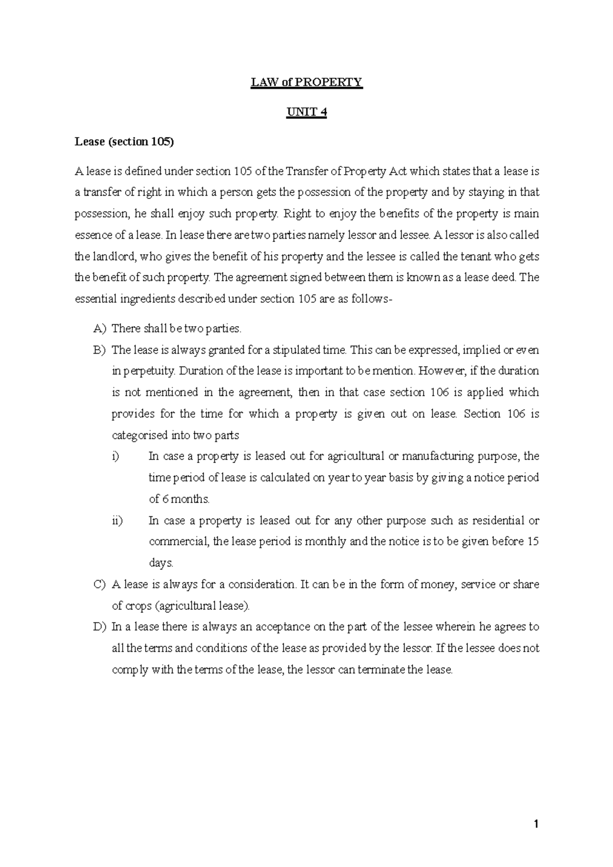 Mod-4 Lo P - Law of property notes - LAW of PROPERTY UNIT 4 Lease ...
