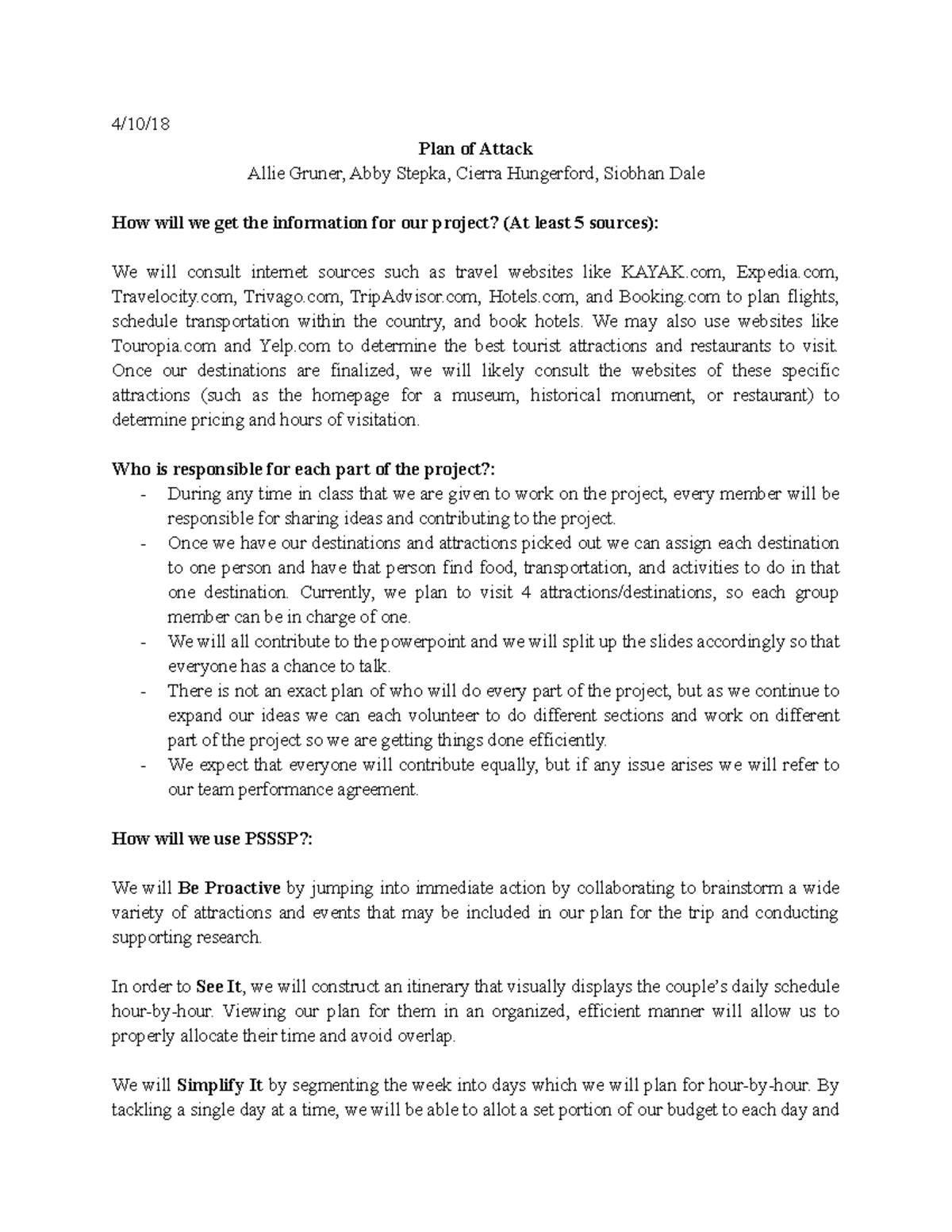 Final Travel Project: Plan of Attack - 4/10/ Plan of Attack Allie ...
