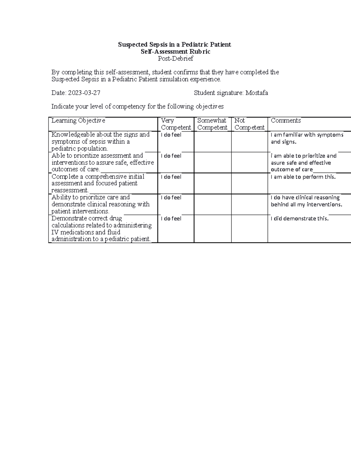 Suspected Sepsis Self-Assessment-Rubric (Post-Debrief) - Suspected ...