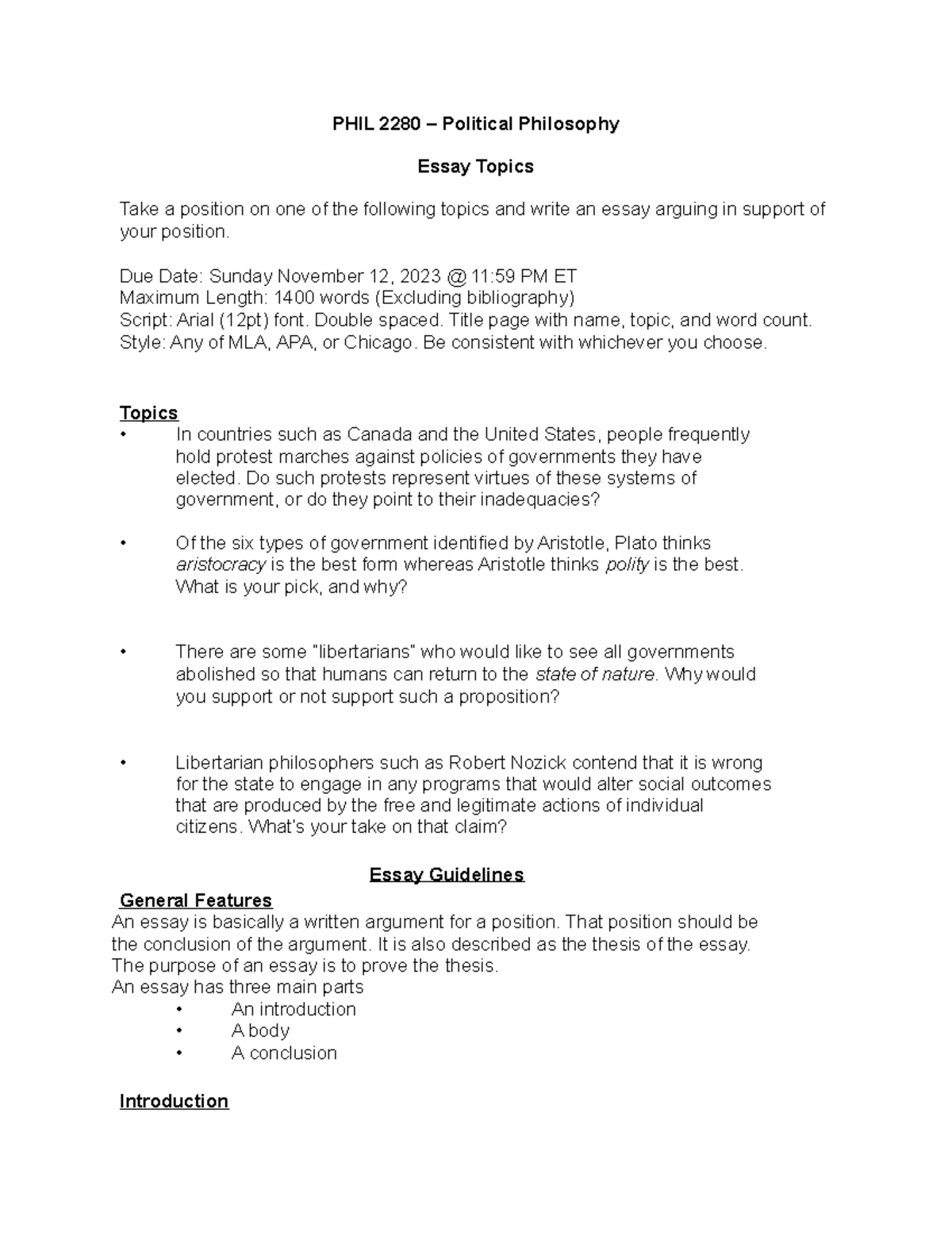 Essay Topics and Guidelines - PHIL 2280 – Political Philosophy Essay ...