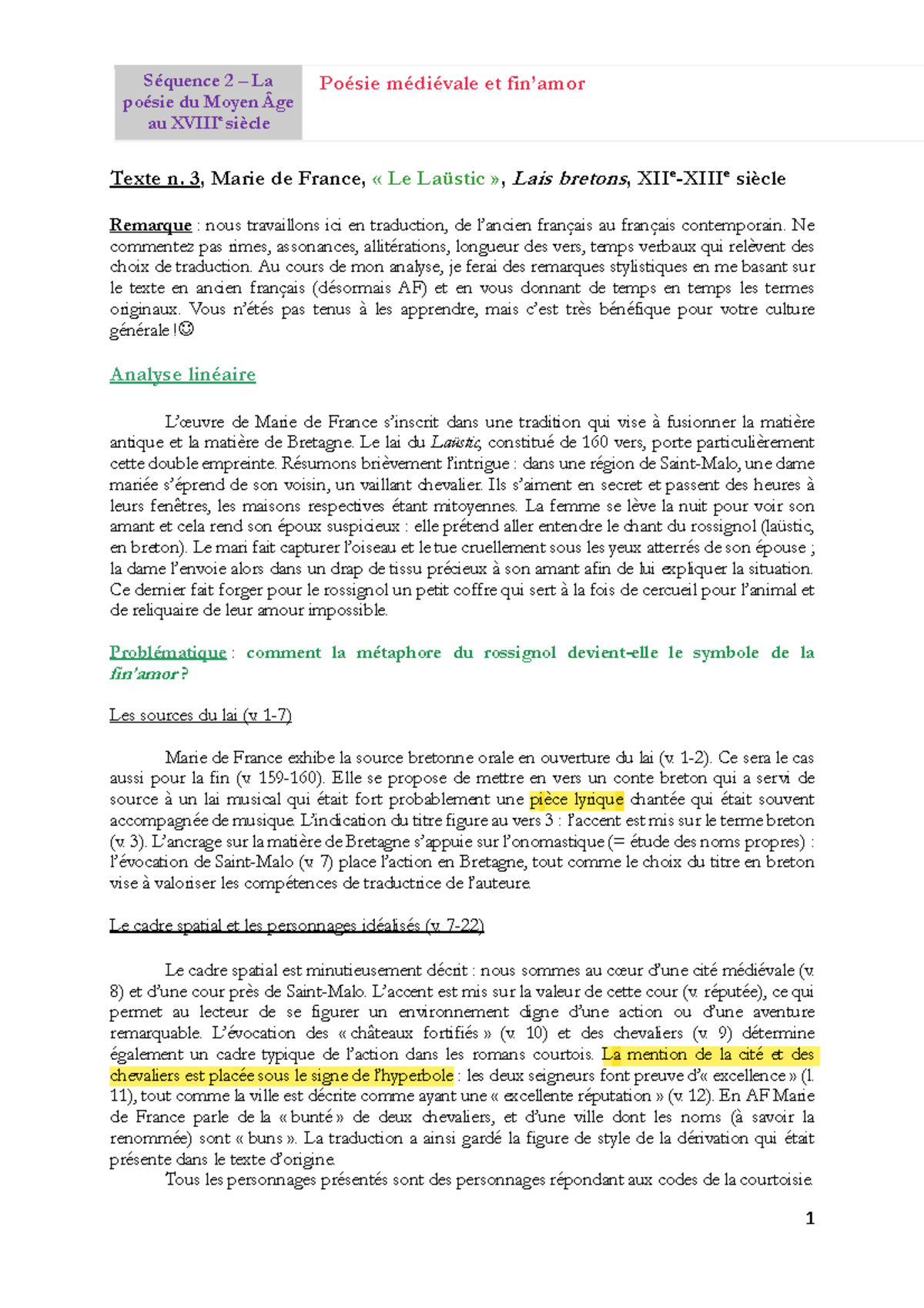 Analyse linéaire Le Laustic - Séquence 2 – La poésie du Moyen Âge au ...