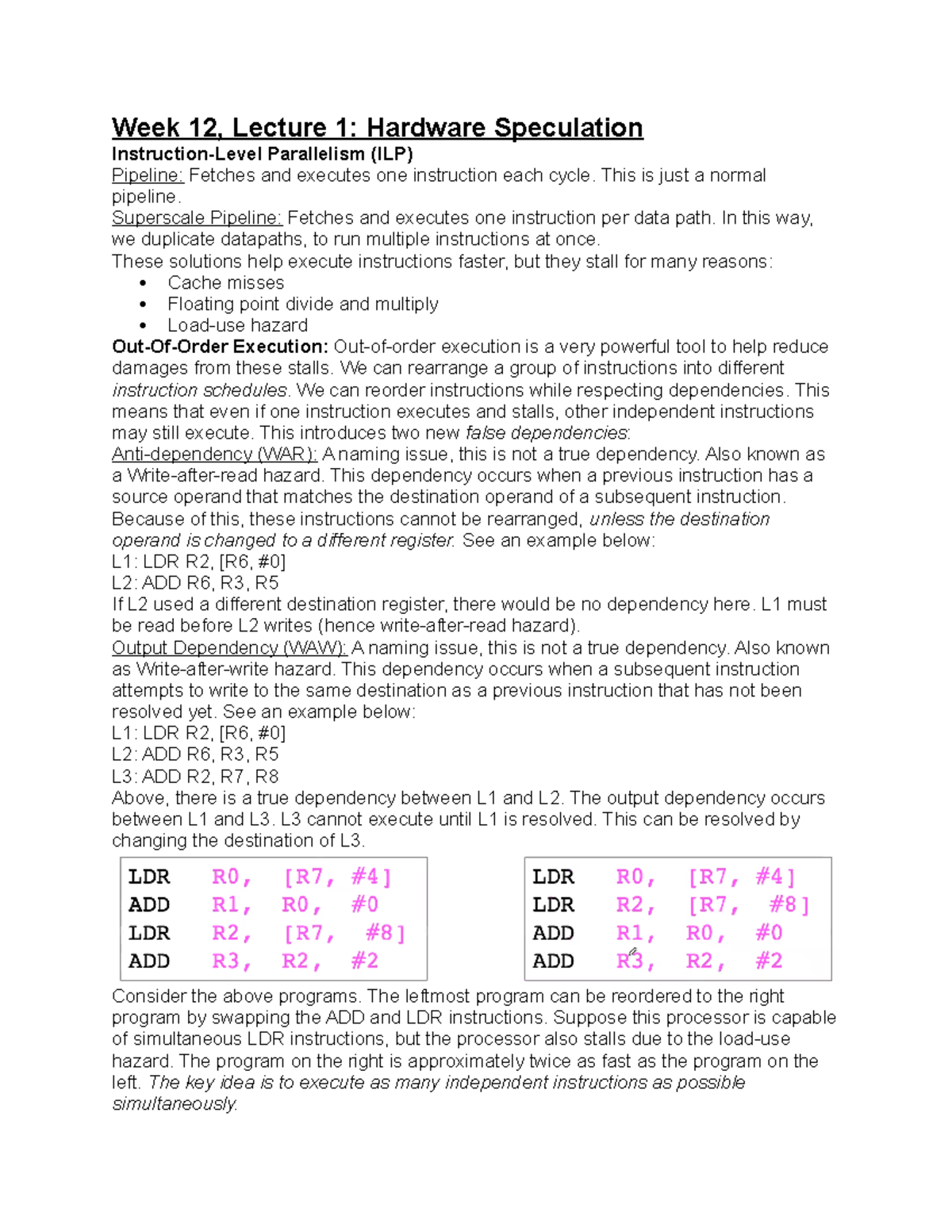 ENGN2219 Week12 - Lecture for week 12 - Week 12, Lecture 1: Hardware Speculation Instruction ...