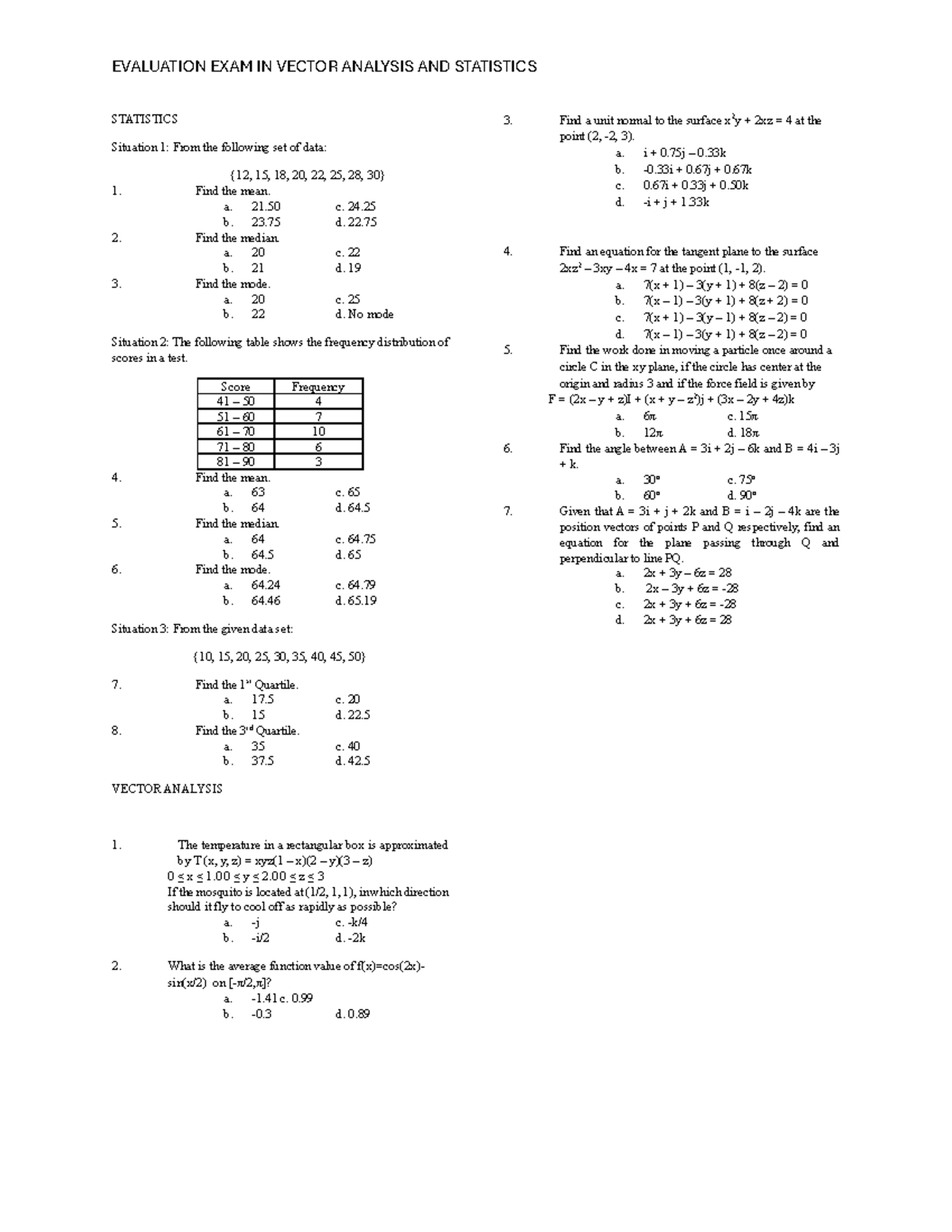 STATISTICS SUBJECT VECTOR ANALYSIS - EVALUATION EXAM IN VECTOR ANALYSIS ...