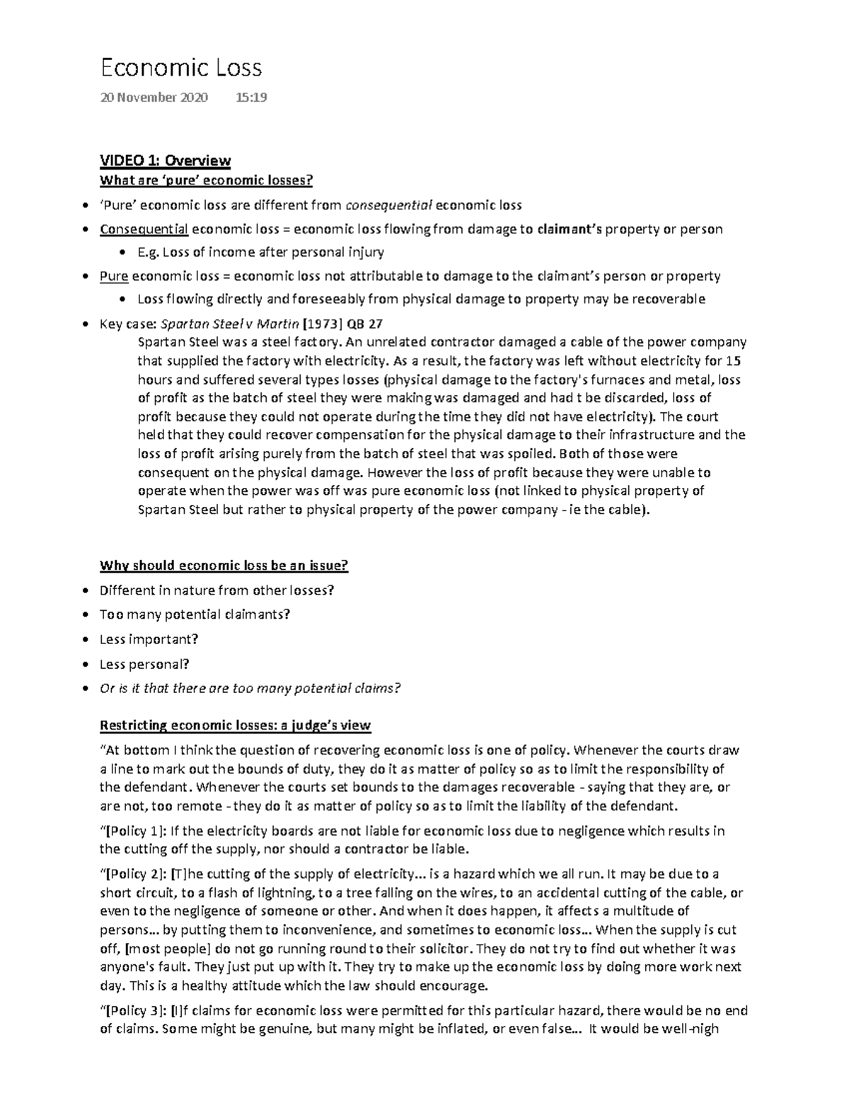 Economic Loss - Includes all relevant notes from the above lecture ...