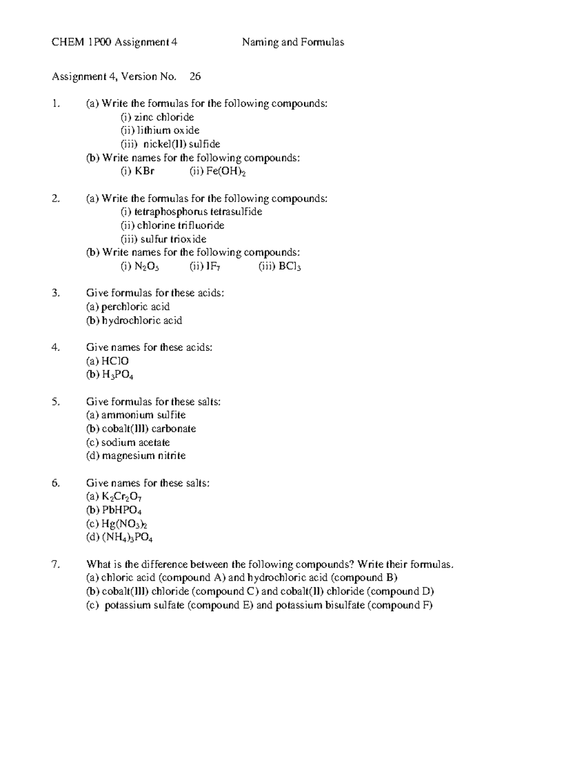 Assignmet 4 - example assignment for practice - CHEM 1P00 - - StuDocu