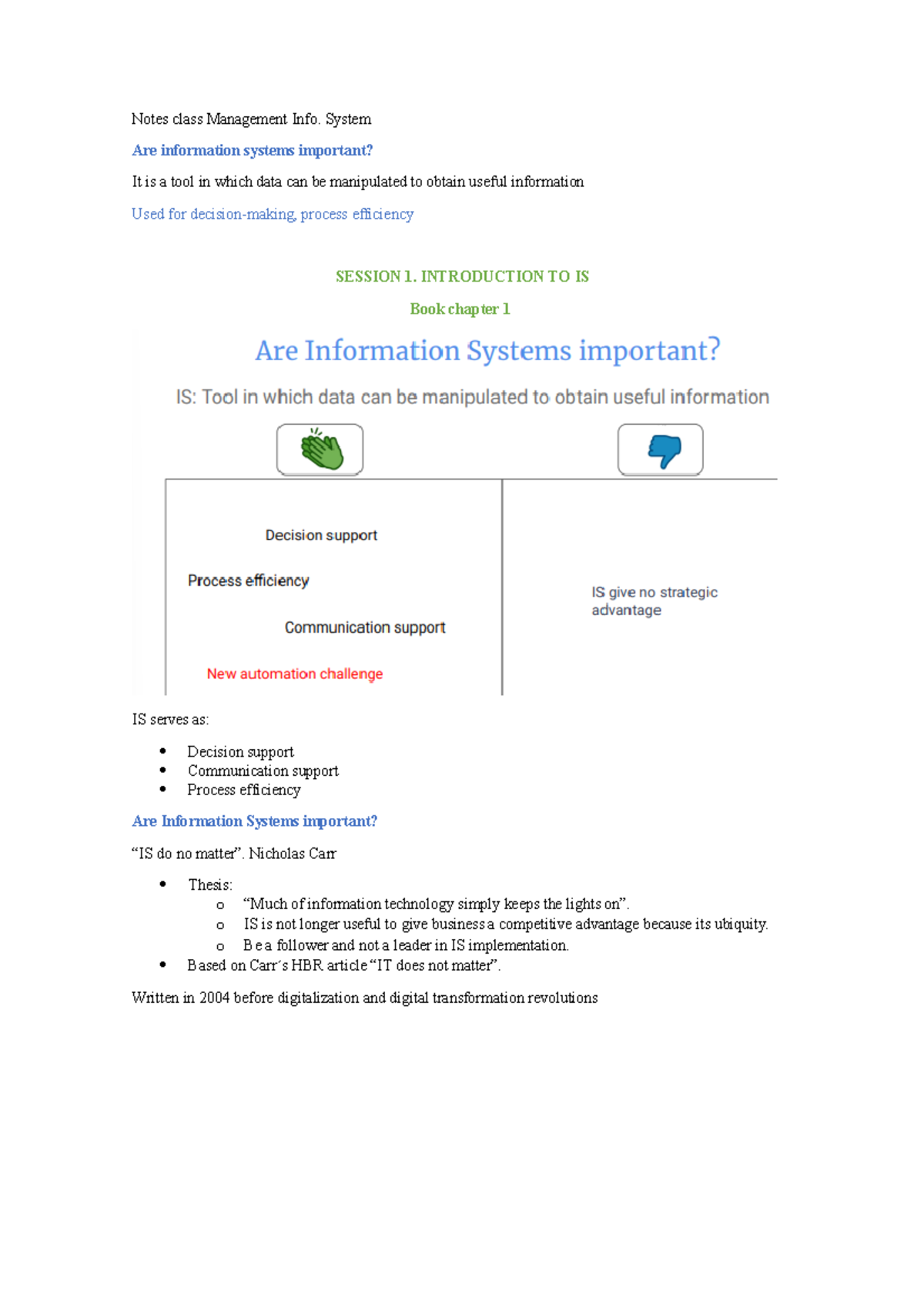 Notes class Management Info - System Are information systems important ...