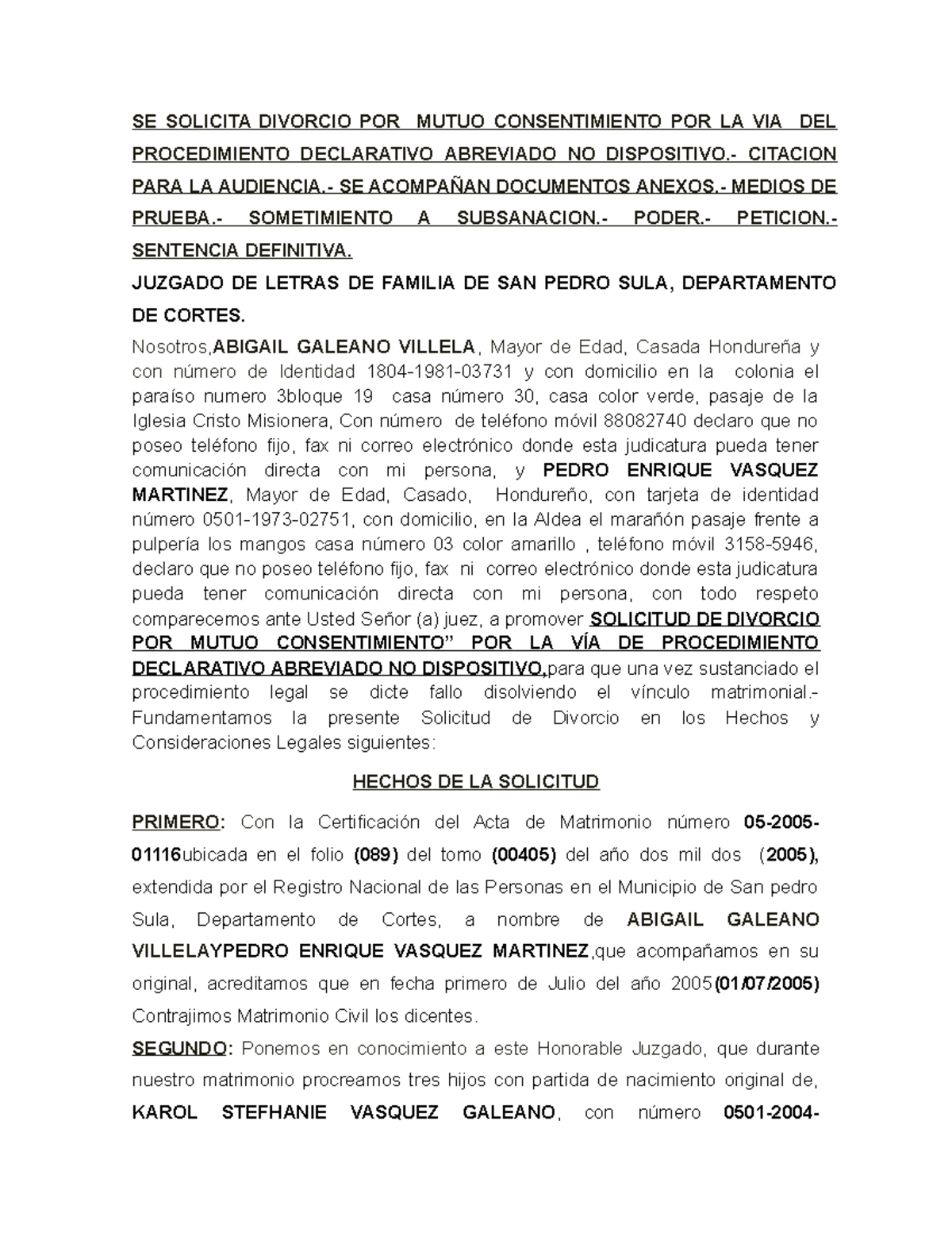 Demanda Divorcio Mutuo Abigail Galeano Se Solicita Divorcio Por Mutuo