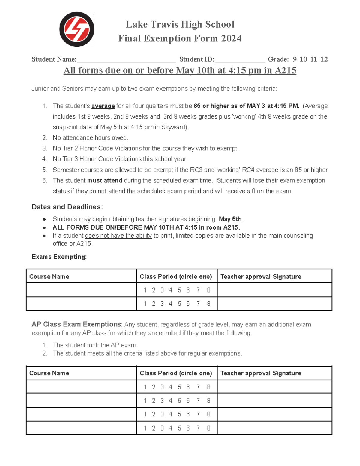Copy of LTHS 23-24 Final Exam Exemption Form - Lake Travis High School ...