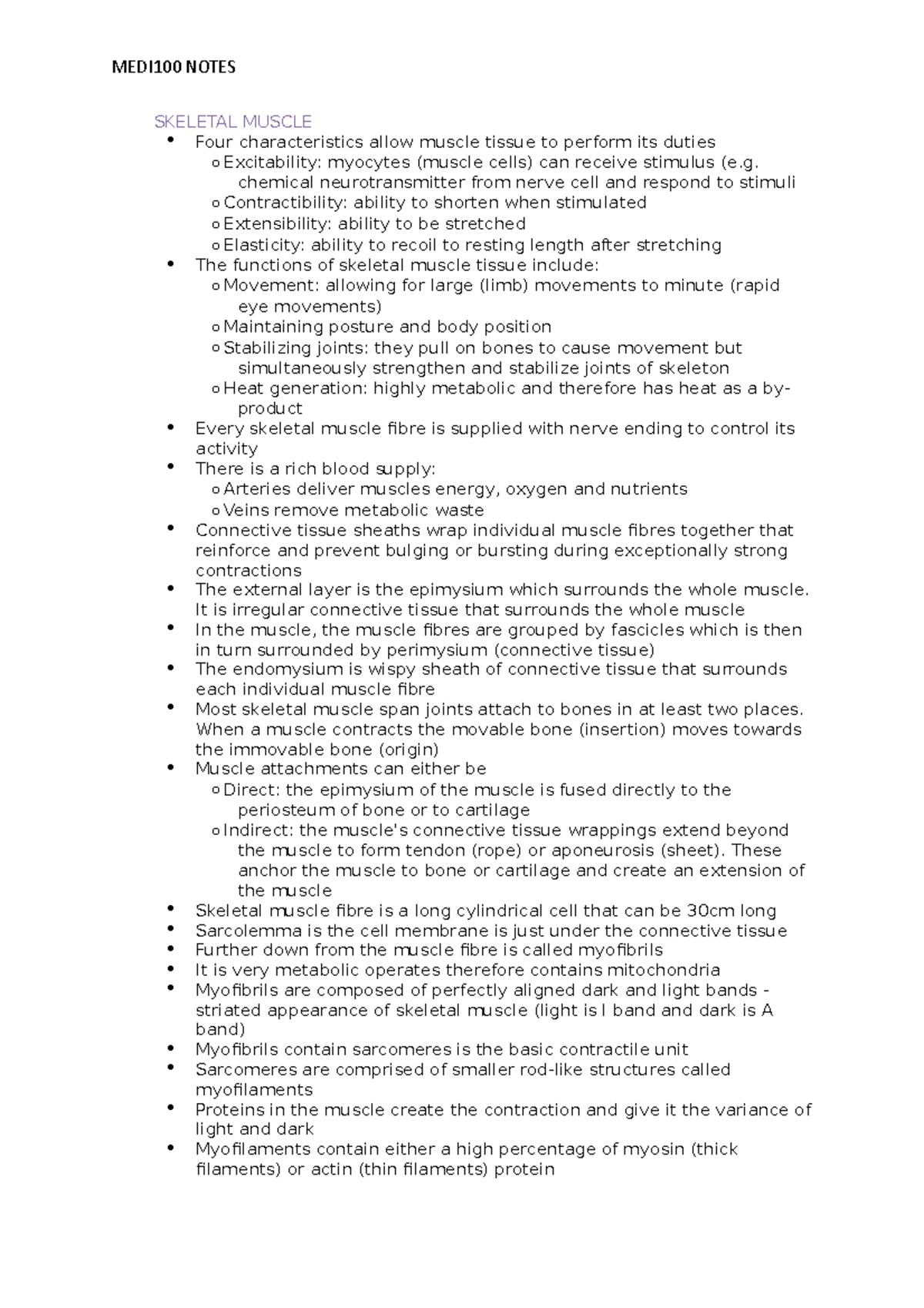 MEDI100 Notes - SKELETAL MUSCLE Four characteristics allow muscle ...
