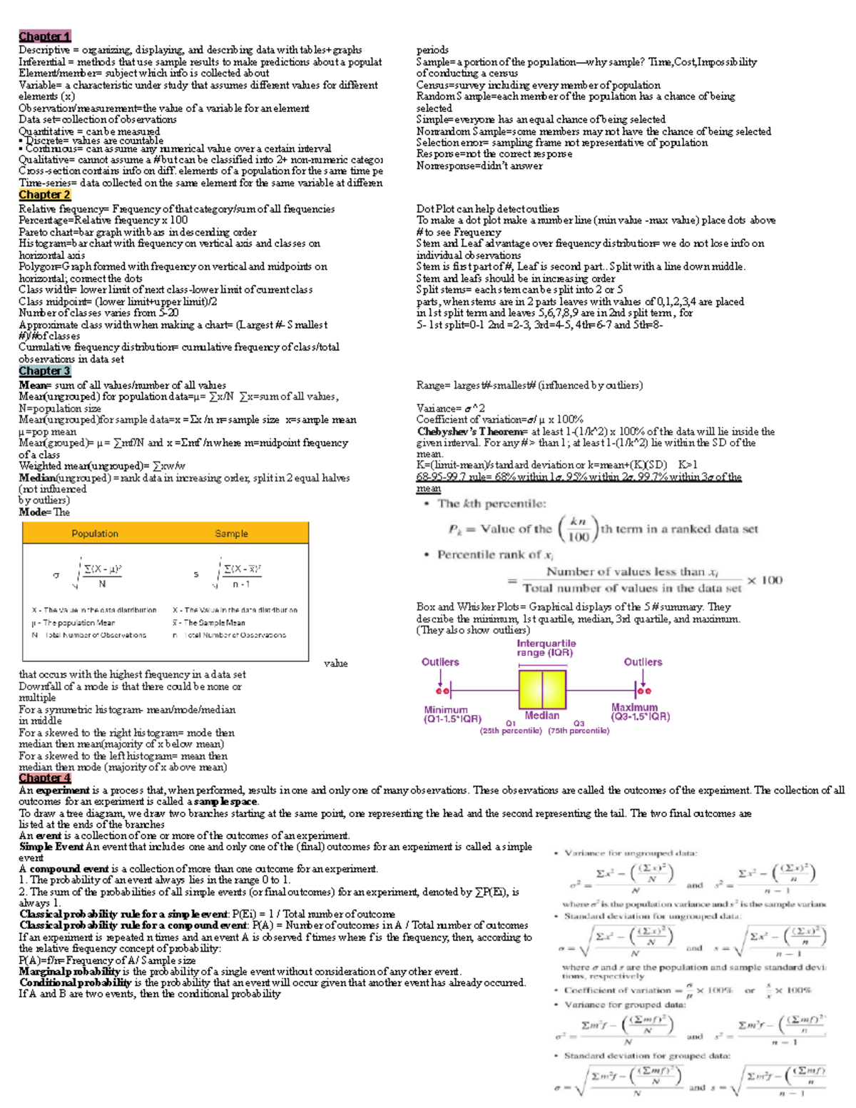 Math 215 Cheat Sheet - Chapter 1 Descriptive = organizing, displaying ...