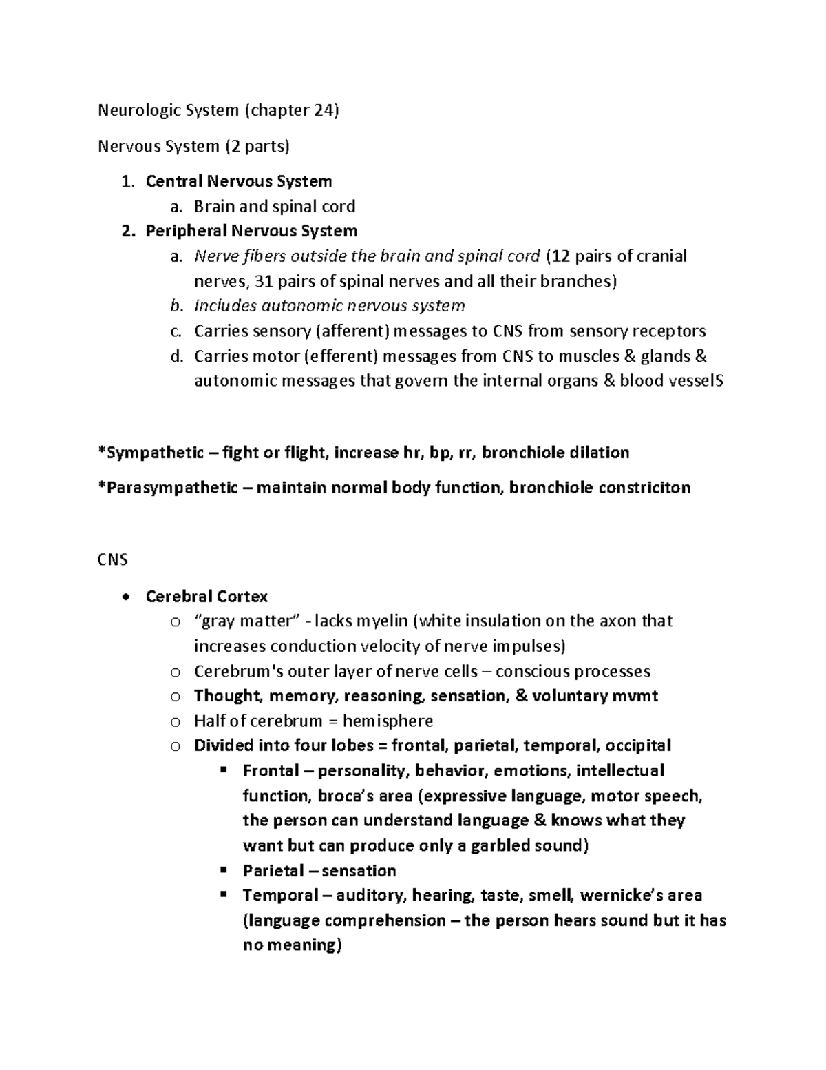 Neurologic System - Nursing 212 Health assessment. Combination of notes ...