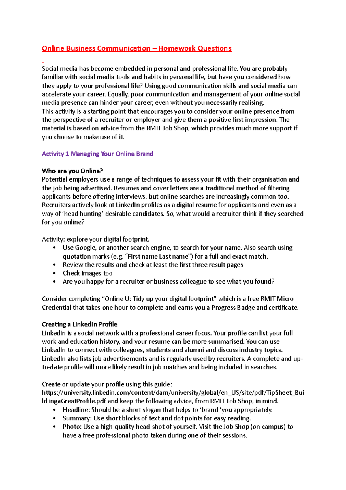 Online Business Communication - Homework questions - Online Business ...