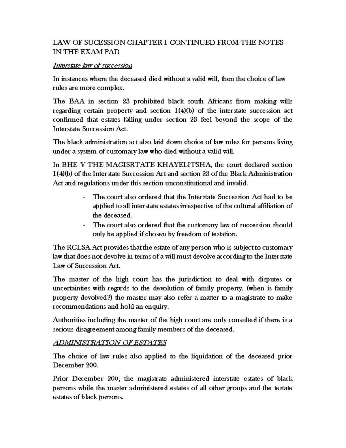 LAW OF Succession Chapter 1 - LAW OF SUCESSION CHAPTER 1 CONTINUED FROM ...