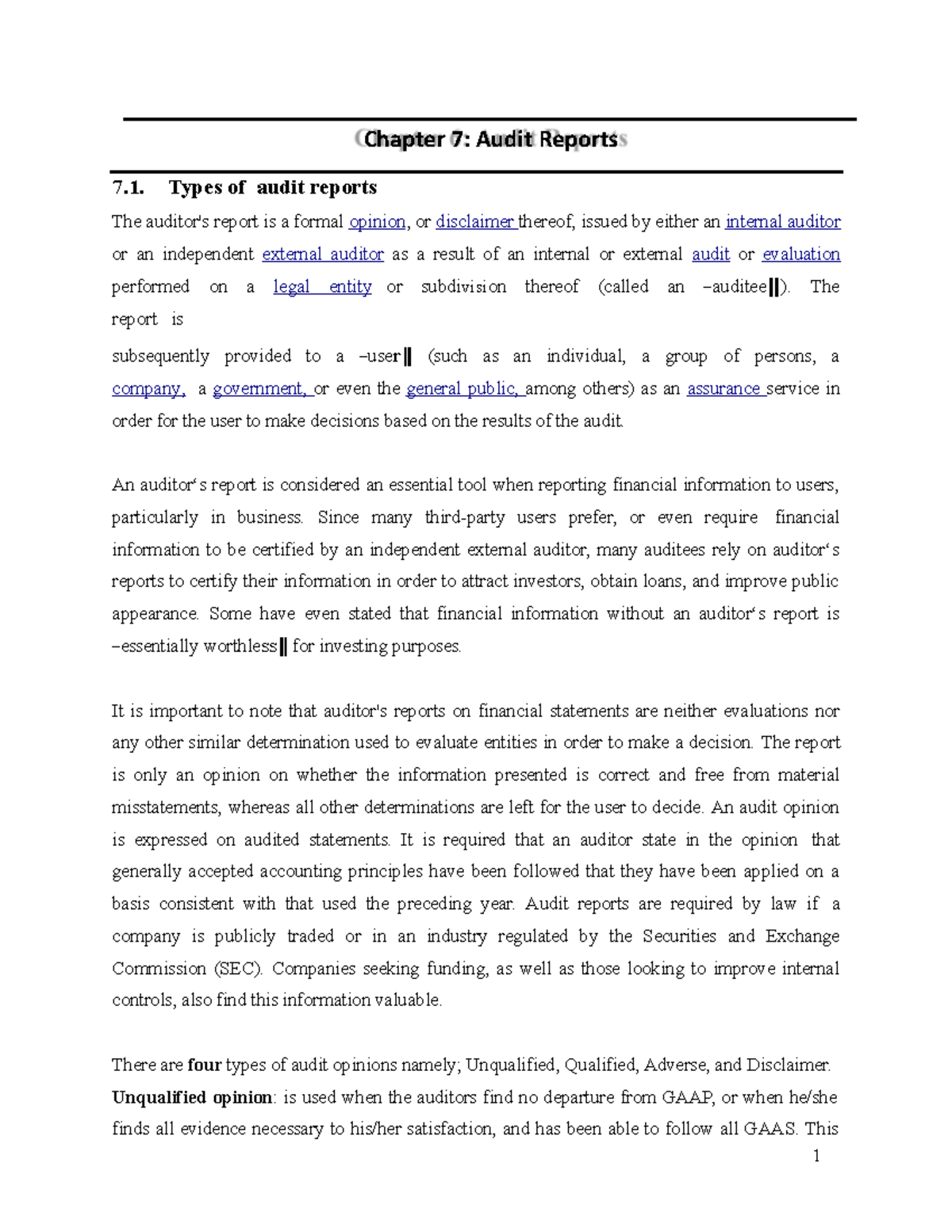 Ch7 - ch-7 auditing principles and practices - 1 Chapter 7: Audit ...