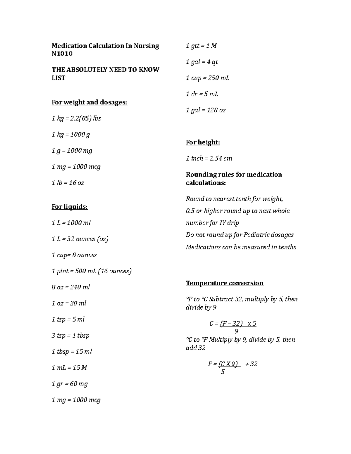 Absolutely need to know list Updated - Medication Calculation In ...