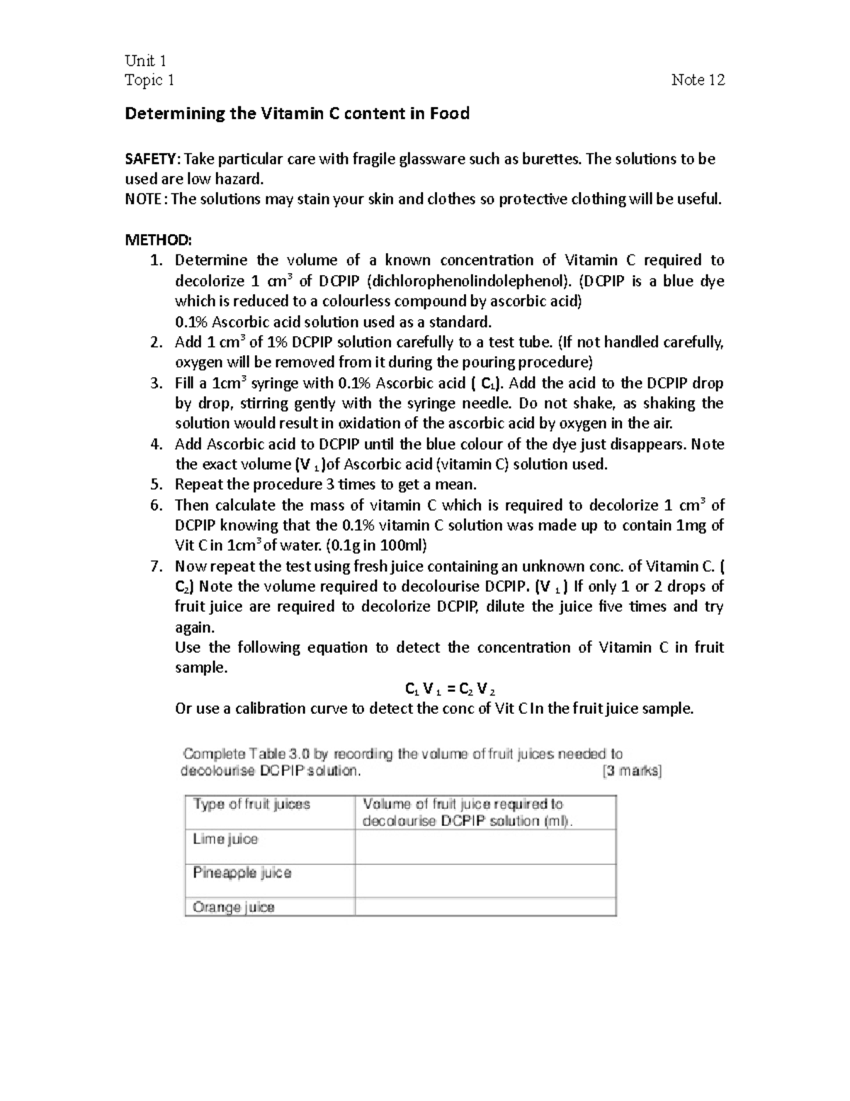 Vitamin C content in Food - Topic 1 Note 12 Determining the Vitamin C ...