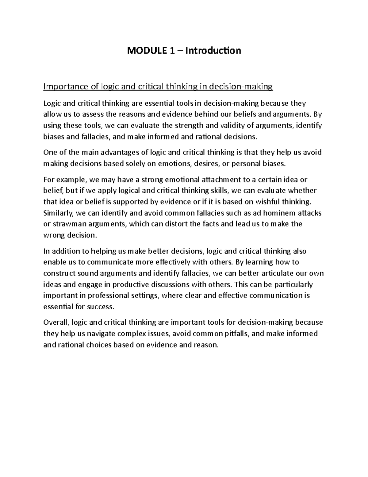 Module 1 Introduction - MODULE 1 – Introduction Importance of logic and ...