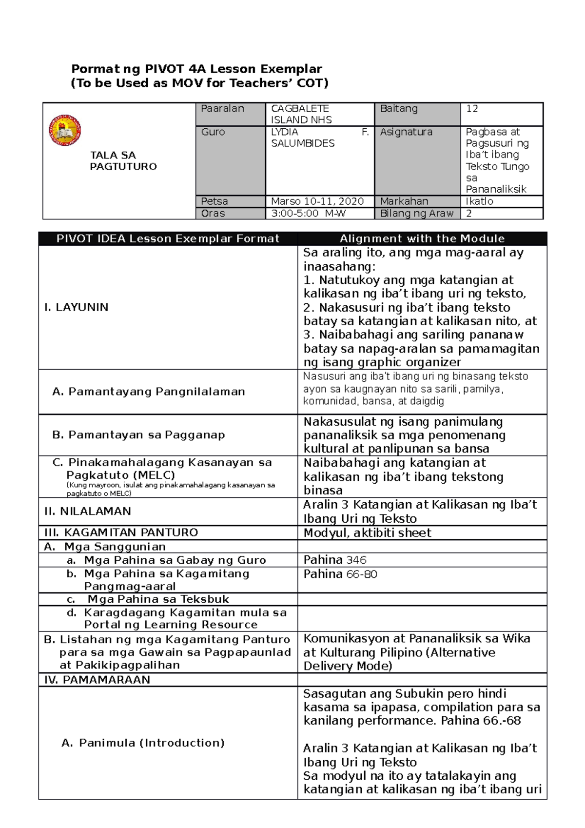 LE3rd IDEA pagbasa 1st week topic 3 - Pormat ng PIVOT 4A Lesson ...