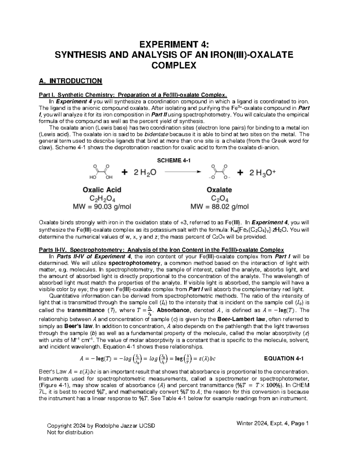 CHEM 7L Manual - Experiment 4 - Winter 2024 , Expt. 4 , Page 1 ...