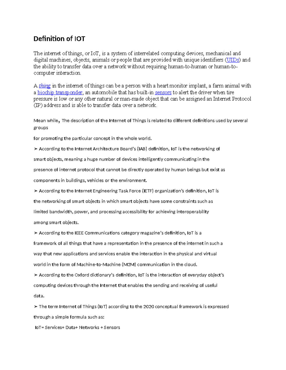 Definition of IOT - Definition of IOT The internet of things, or IoT ...