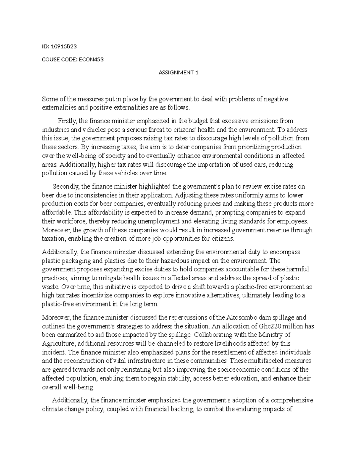 ECON453 - slides - ID: 10915823 COUSE CODE: ECON ASSIGNMENT 1 Some of ...