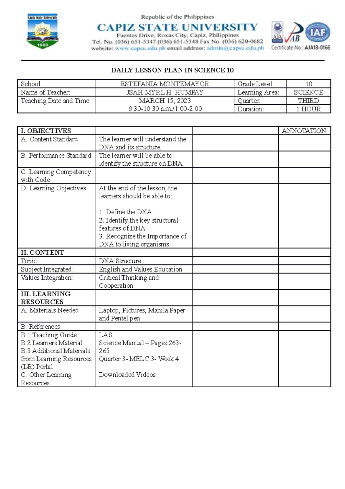 Daily Lesson PLAN IN Science 10 - DAILY LESSON PLAN IN SCIENCE 10 ...