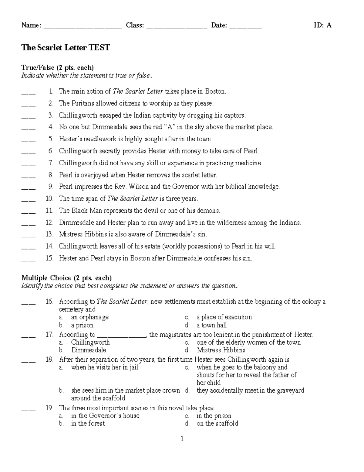 The scarlet letter test - Name: ______________________ Class ...