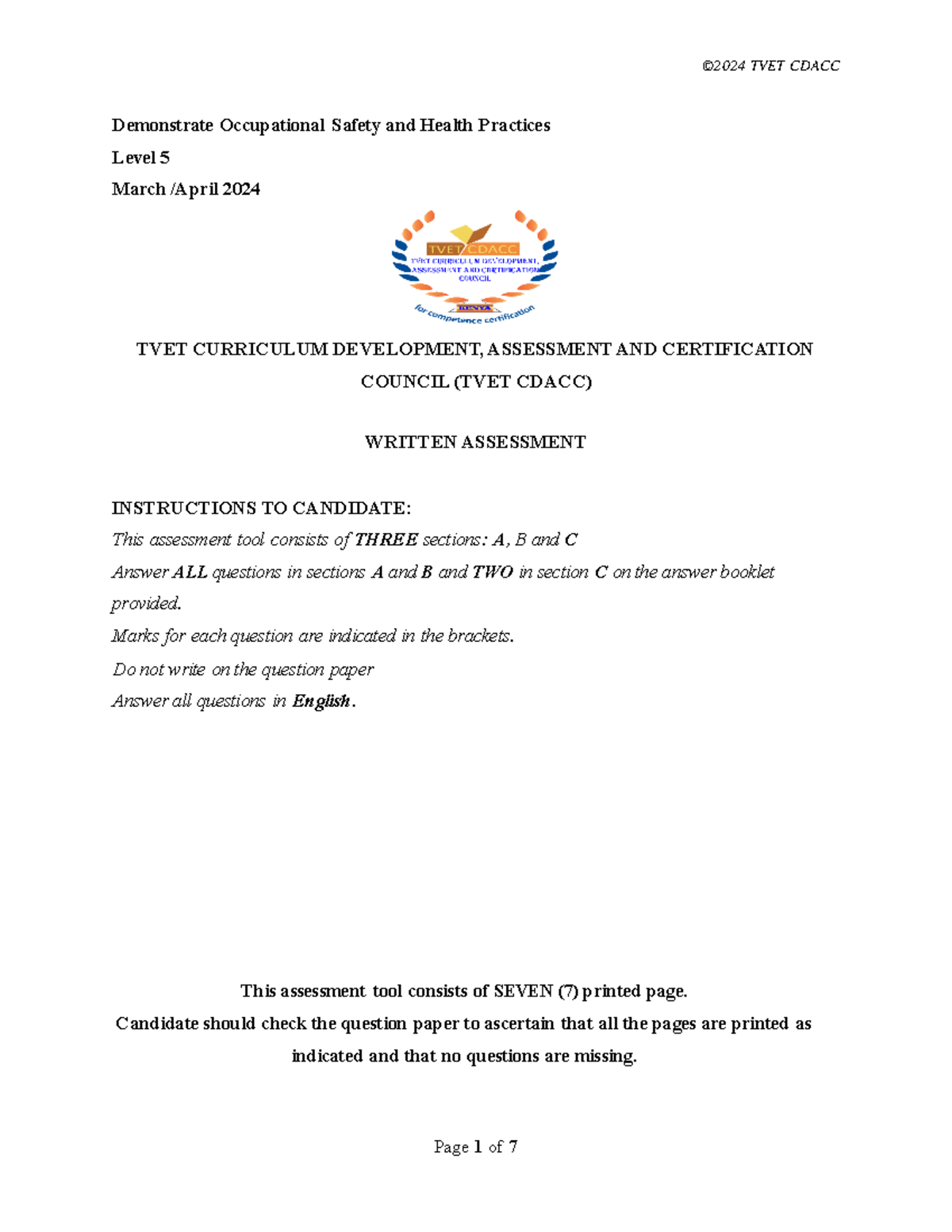Perioperative Level 5 Occupational safety March Series 2024 ...