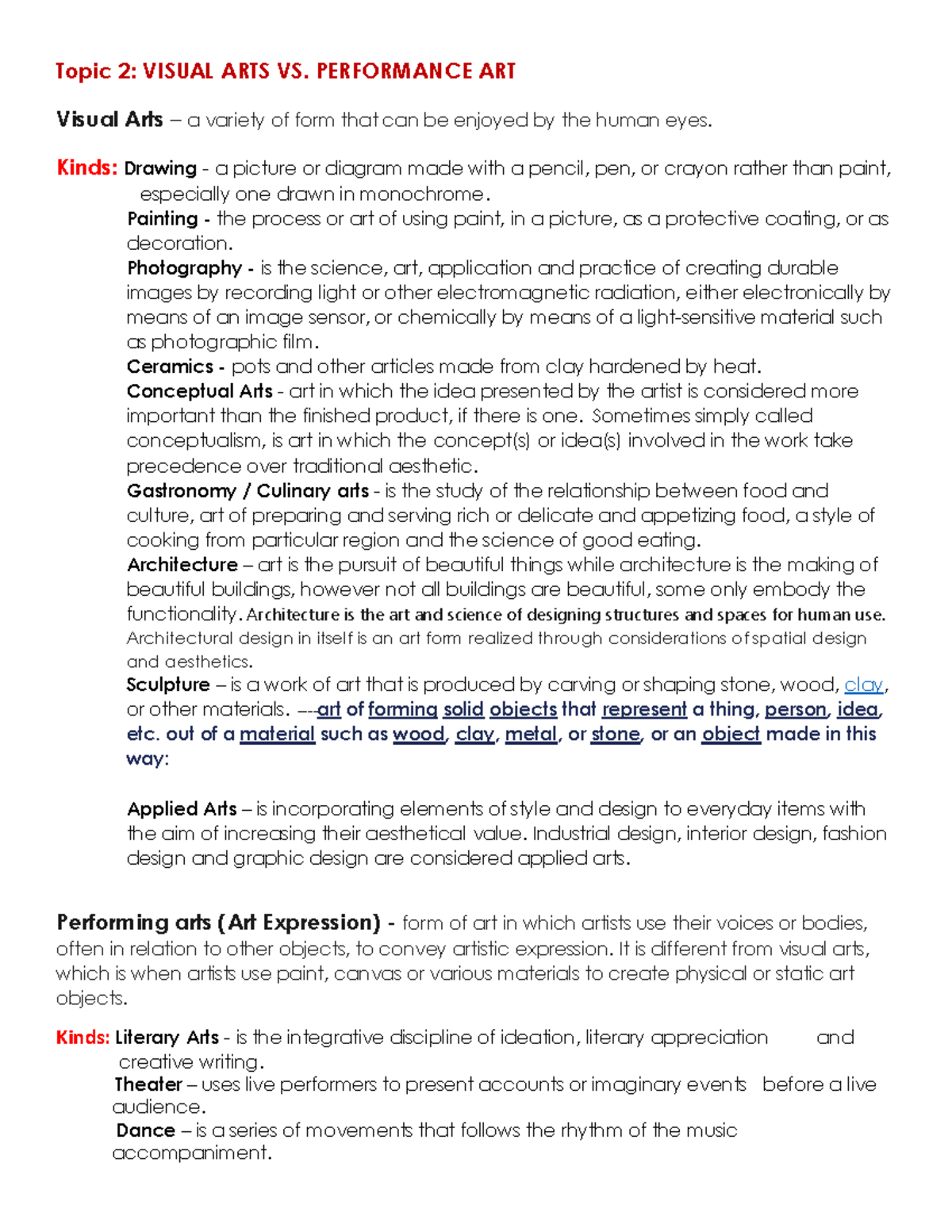 Topic 2 Visual ARTS VS. Performance ART - Topic 2: VISUAL ARTS VS ...