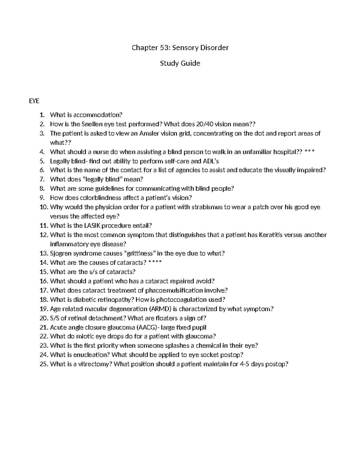 Sensory Study Guide - Chapter 53: Sensory Disorder Study Guide EYE 1 ...