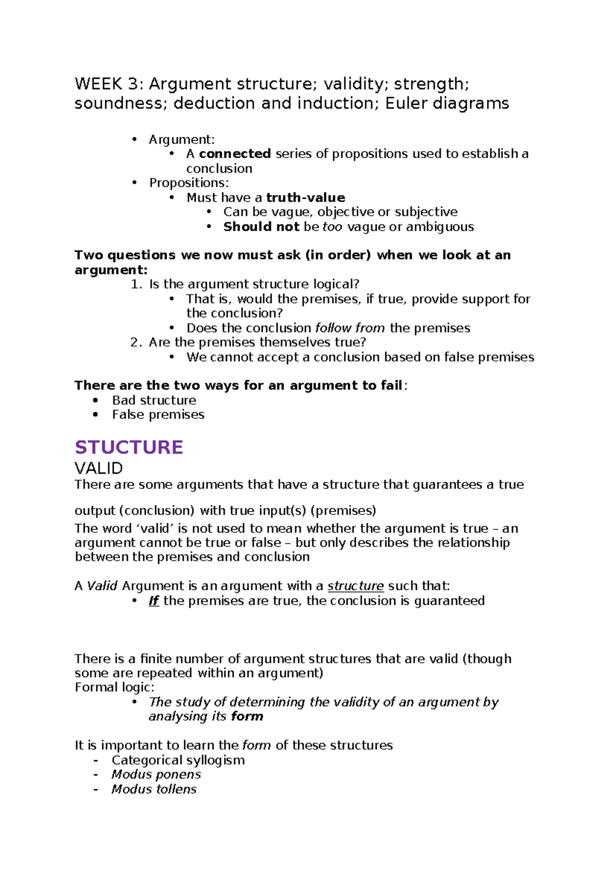 WEEK 3 - WEEK 3: Argument structure; validity; strength; soundness; deduction and induction ...