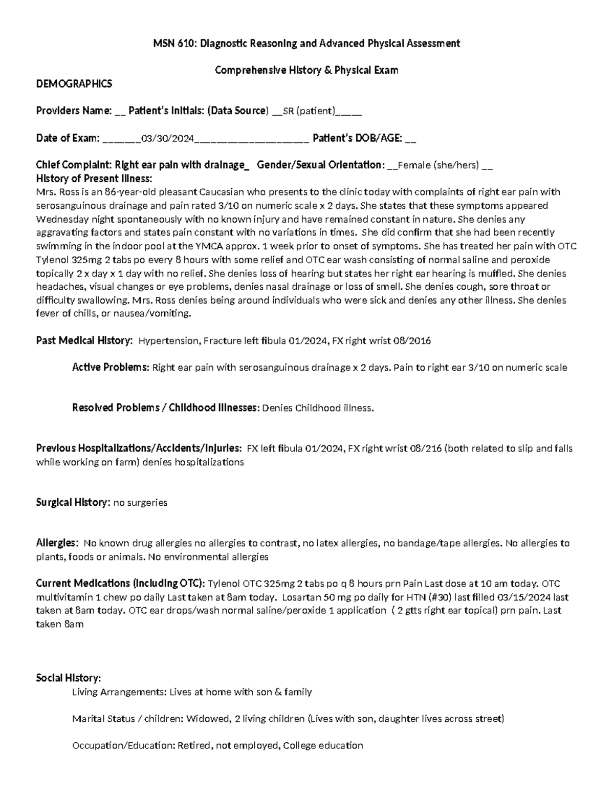 Heent Written History & Physical Assessment - MSN 610: Diagnostic ...