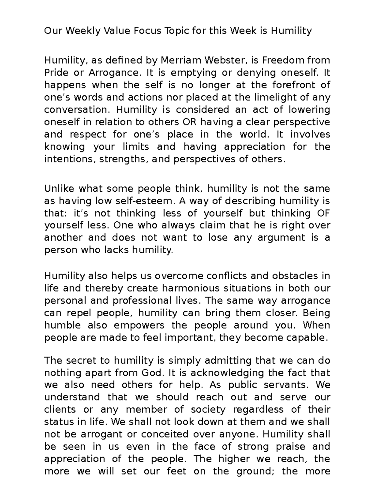 Our Weekly Value Focus Topic for this Week is Humility - It is emptying ...