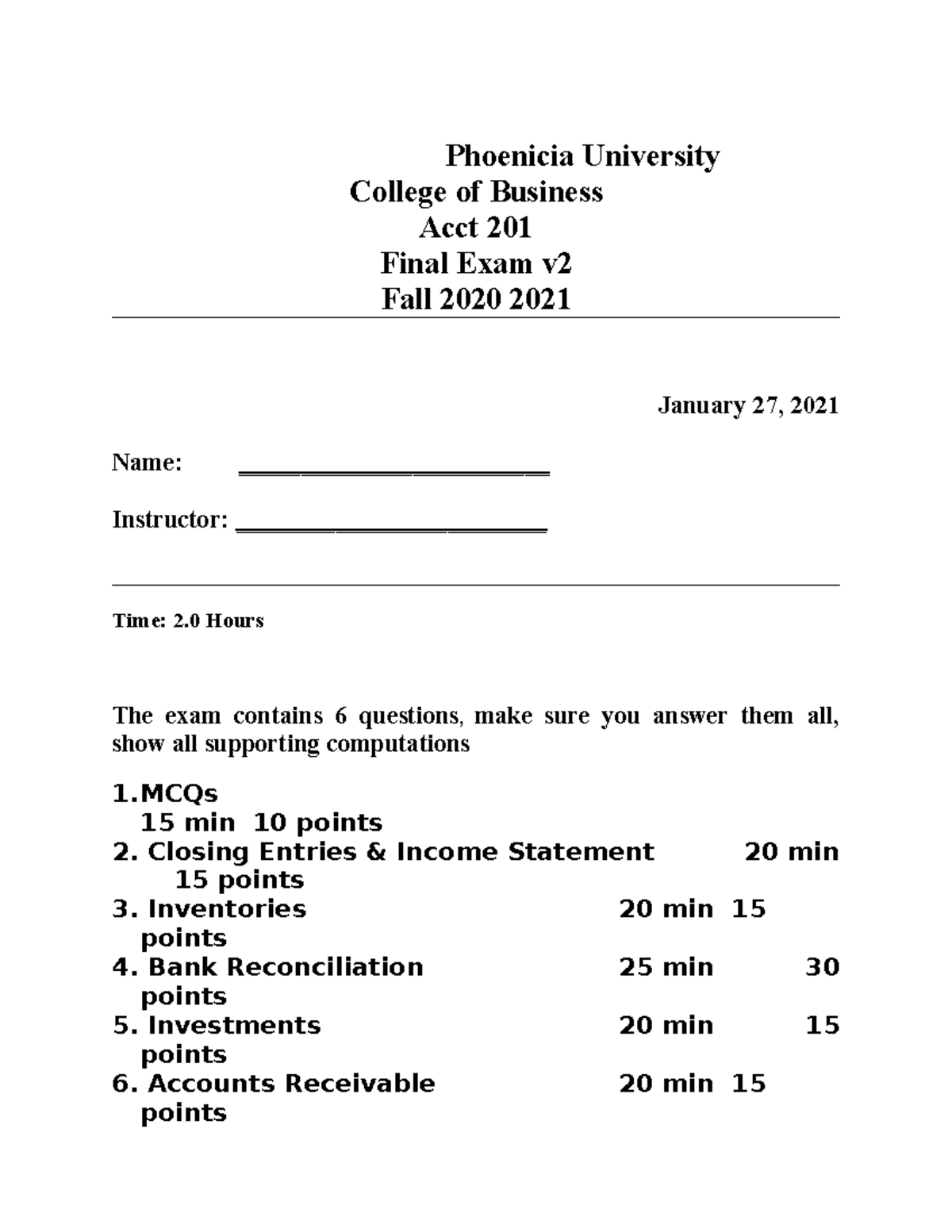 Acct 201 Final Exam Fall 2020 2021 v 2 - Phoenicia University College ...