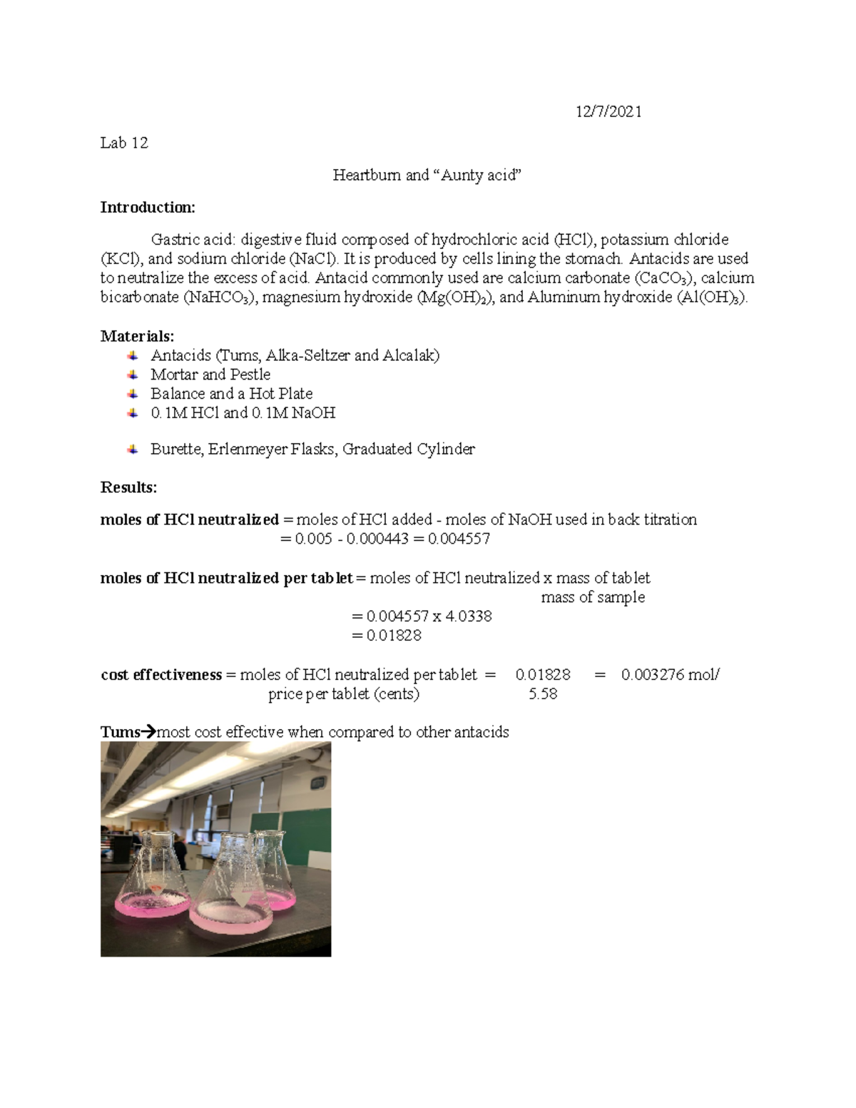 Lab 12 chem 106 - 12/7/ Lab 12 Heartburn and “Aunty acid” Introduction ...