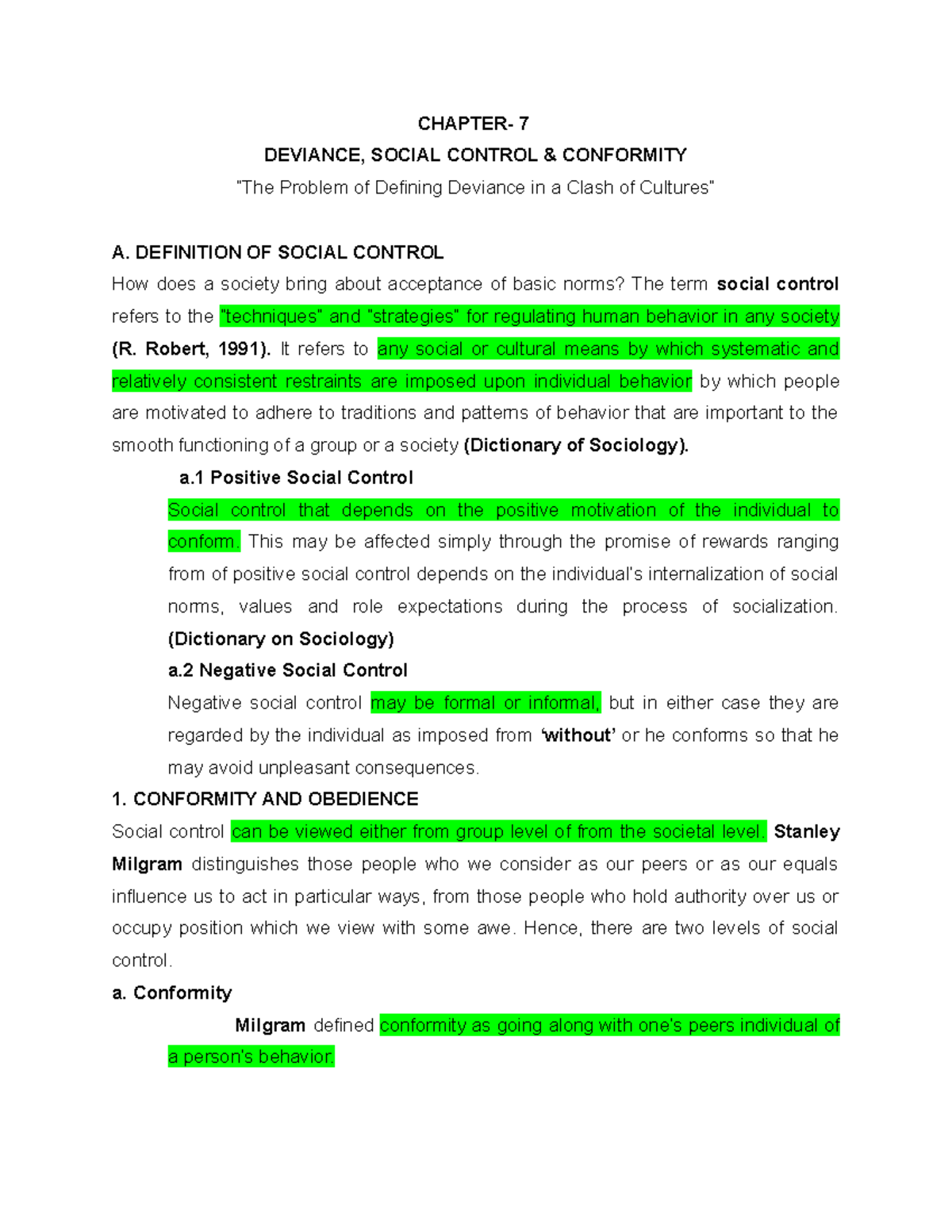 Deviance, Social Control & Conformity - 7 DEVIANCE, SOCIAL CONTROL CONFORMITY Problem of ...