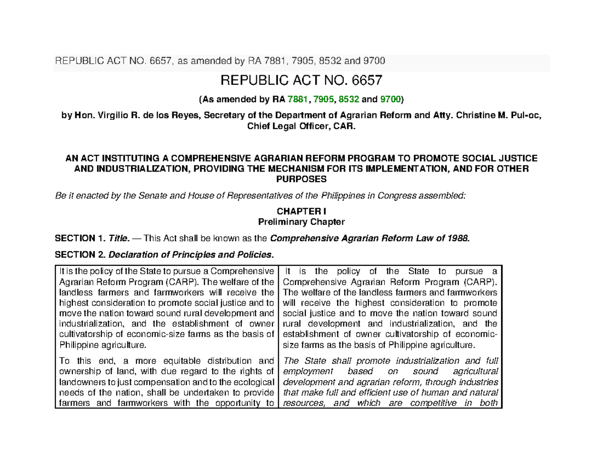 RA as Amended - REPUBLIC ACT NO. 6657, as amended by RA 7881, 7905 ...