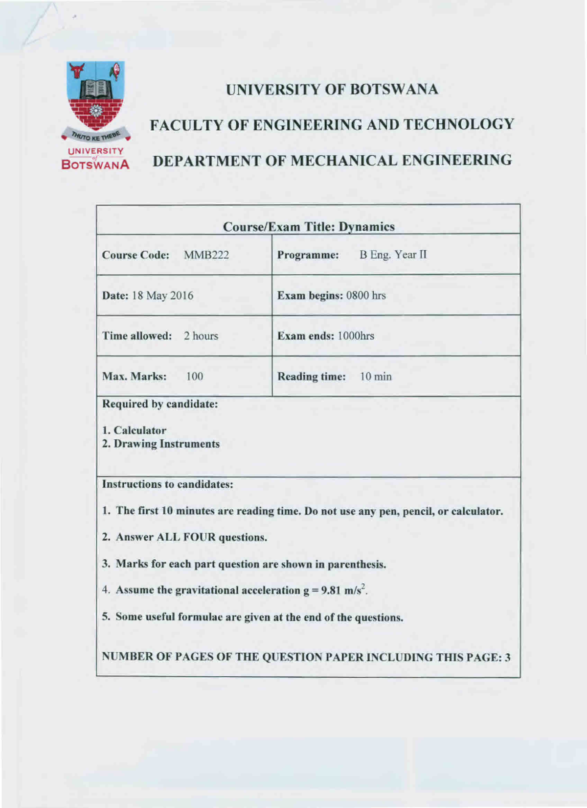 MMB241/222 Exam 2016 - Engineering mechanics - UB - Studocu
