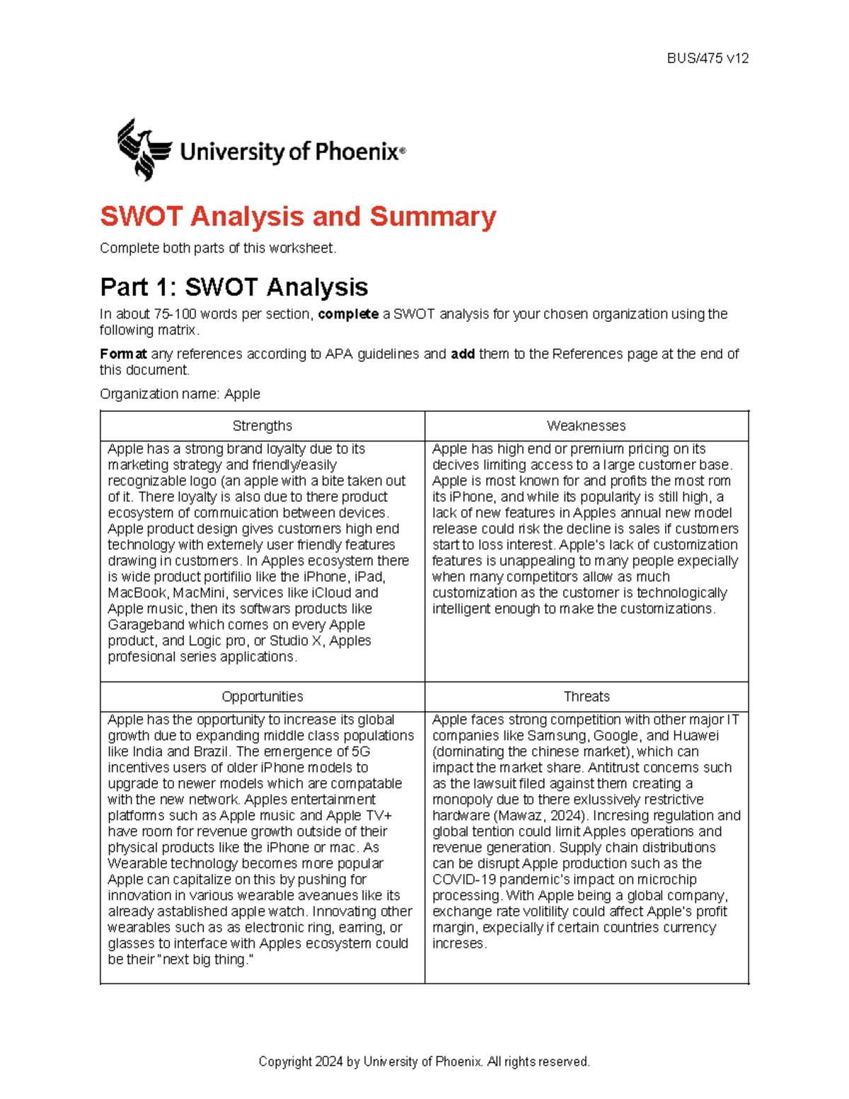 Week TWO - SWOT Analysis - BUS/475 v SWOT Analysis and Summary Complete ...