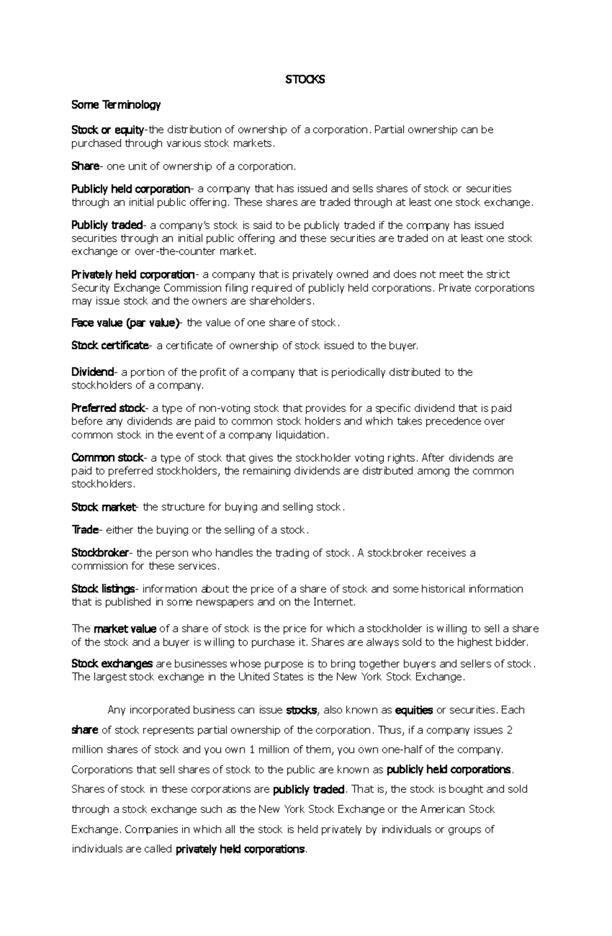Stocks - notes - STOCKS Some Terminology Stock or equity-the ...