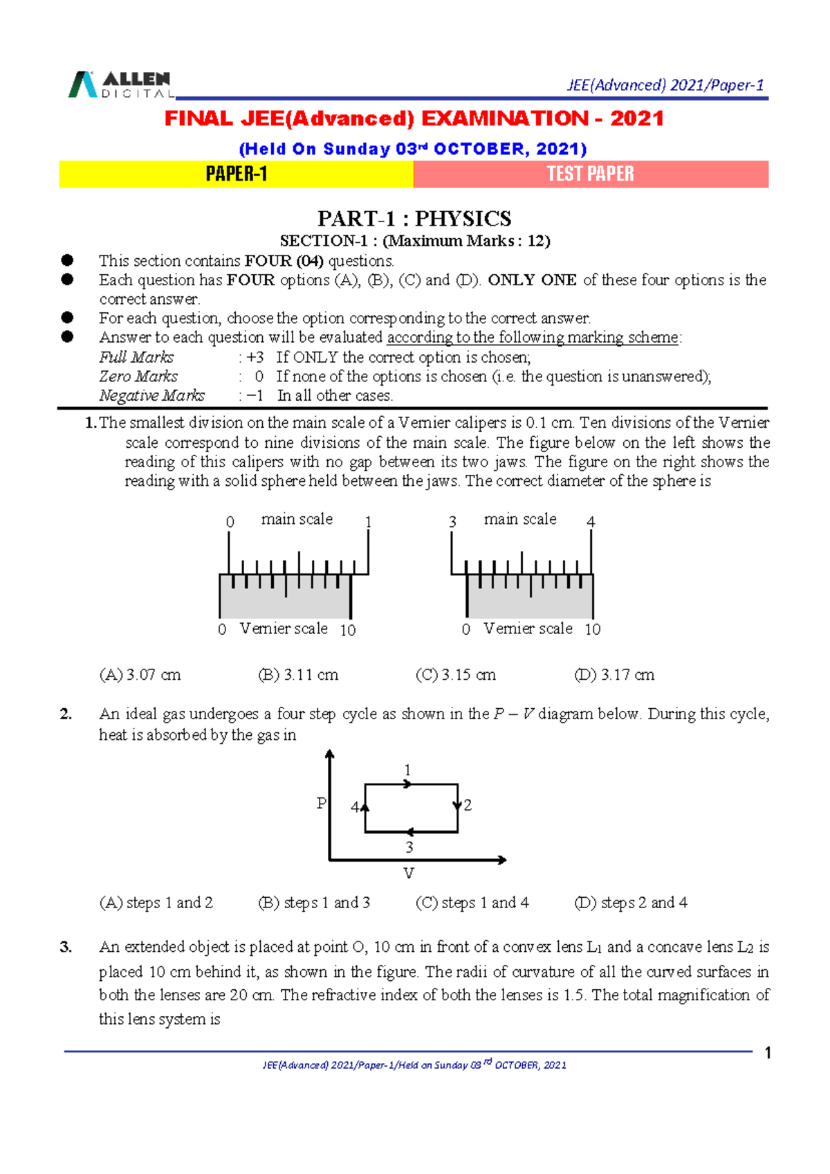 JEE Advanced Paper 1 - 1 FINAL JEE(Advanced) EXAMINATION - 2021 (Held ...