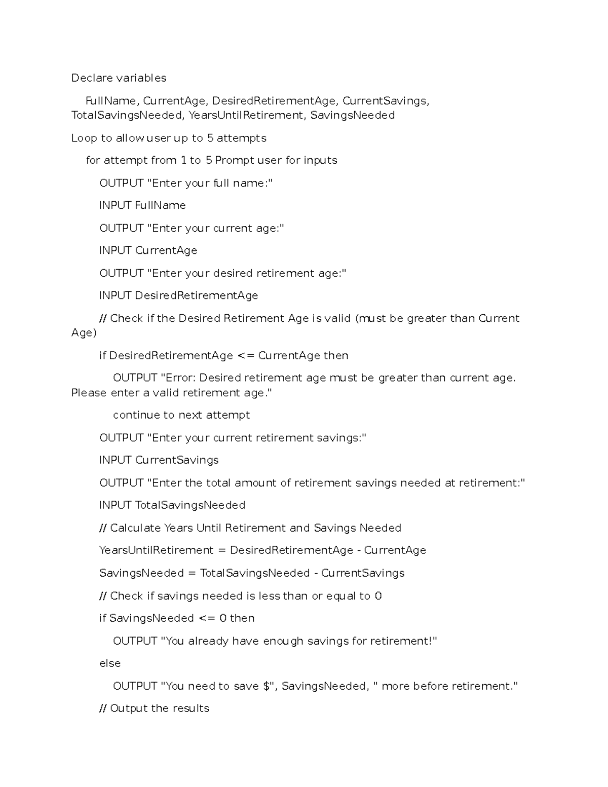 Psuedocode Assignment Declare Variables Fullname Currentage