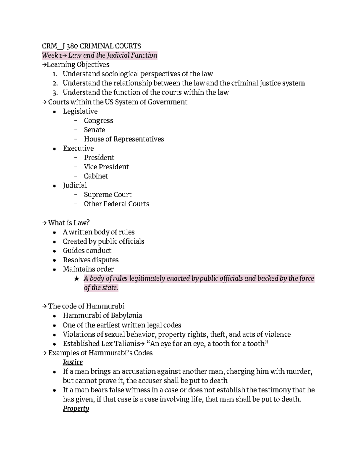 Criminal Courts - CRM_J 380 CRIMINAL COURTS Week 1→ Law and the ...