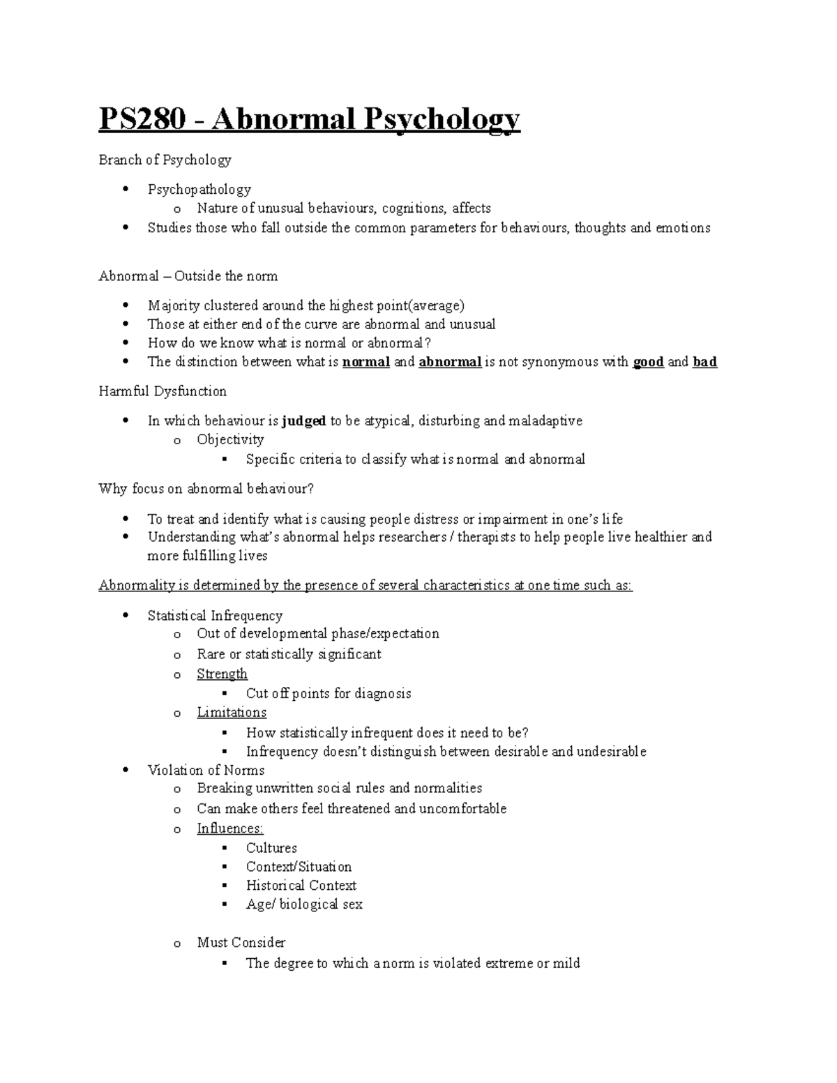 MID SEMESTER SUMMARY 1/2 - PS280 - Abnormal Psychology Branch of ...