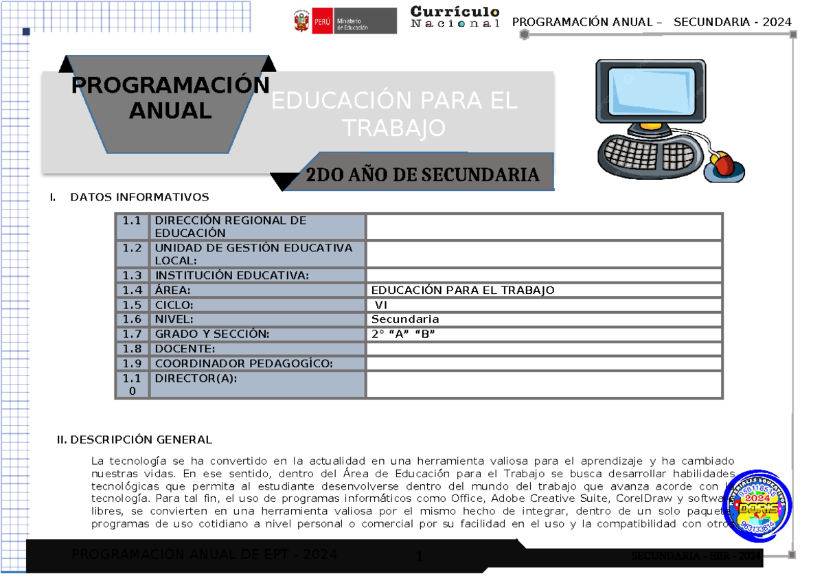 Programación Anual 2º EPT 2024 - PROGRAMACIÓN ANUAL – SECUNDARIA - 2024 PROGRAMACIÓN ANUAL DE ...