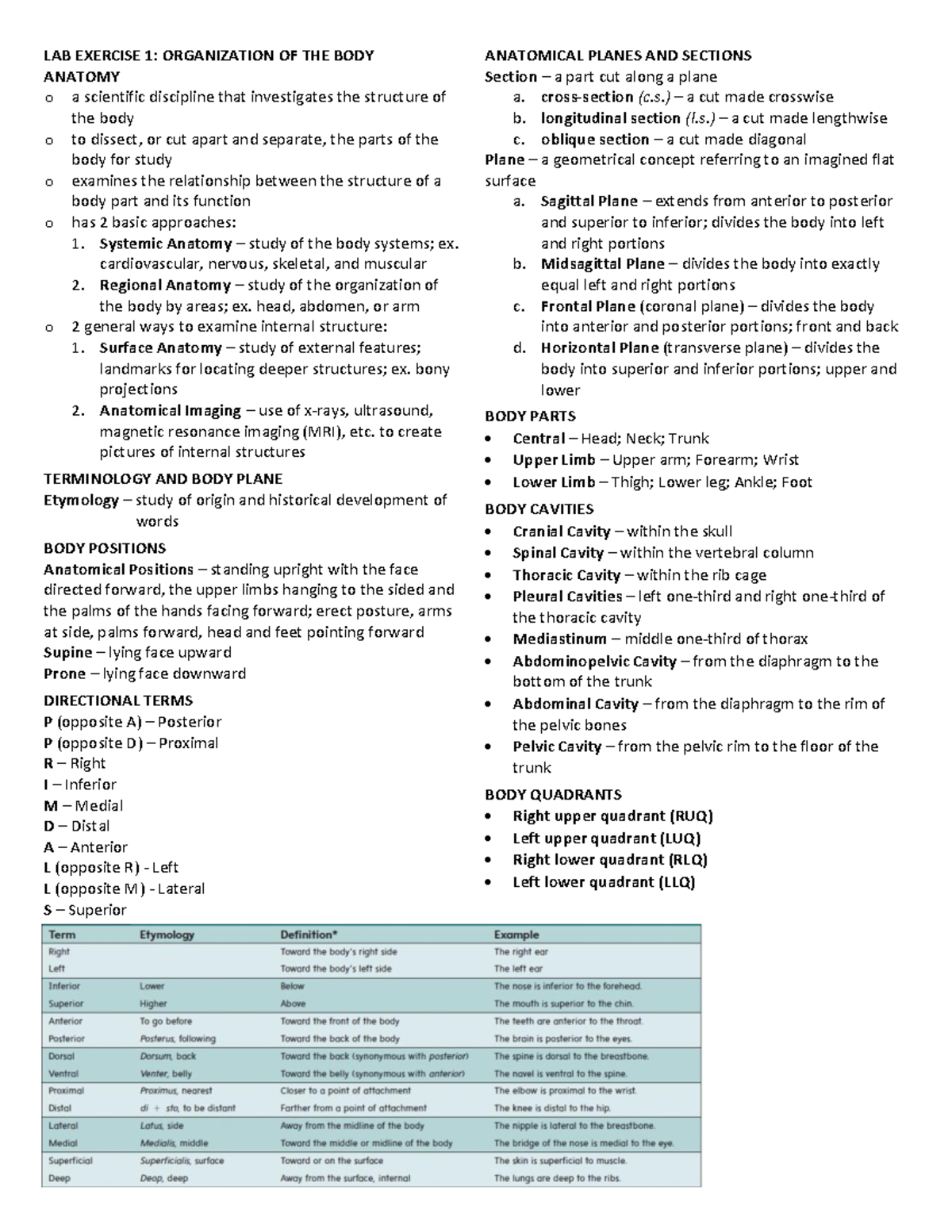 Anatomy (CH. 1,3,4,6) - LAB EXERCISE 1: ORGANIZATION OF THE BODY ...