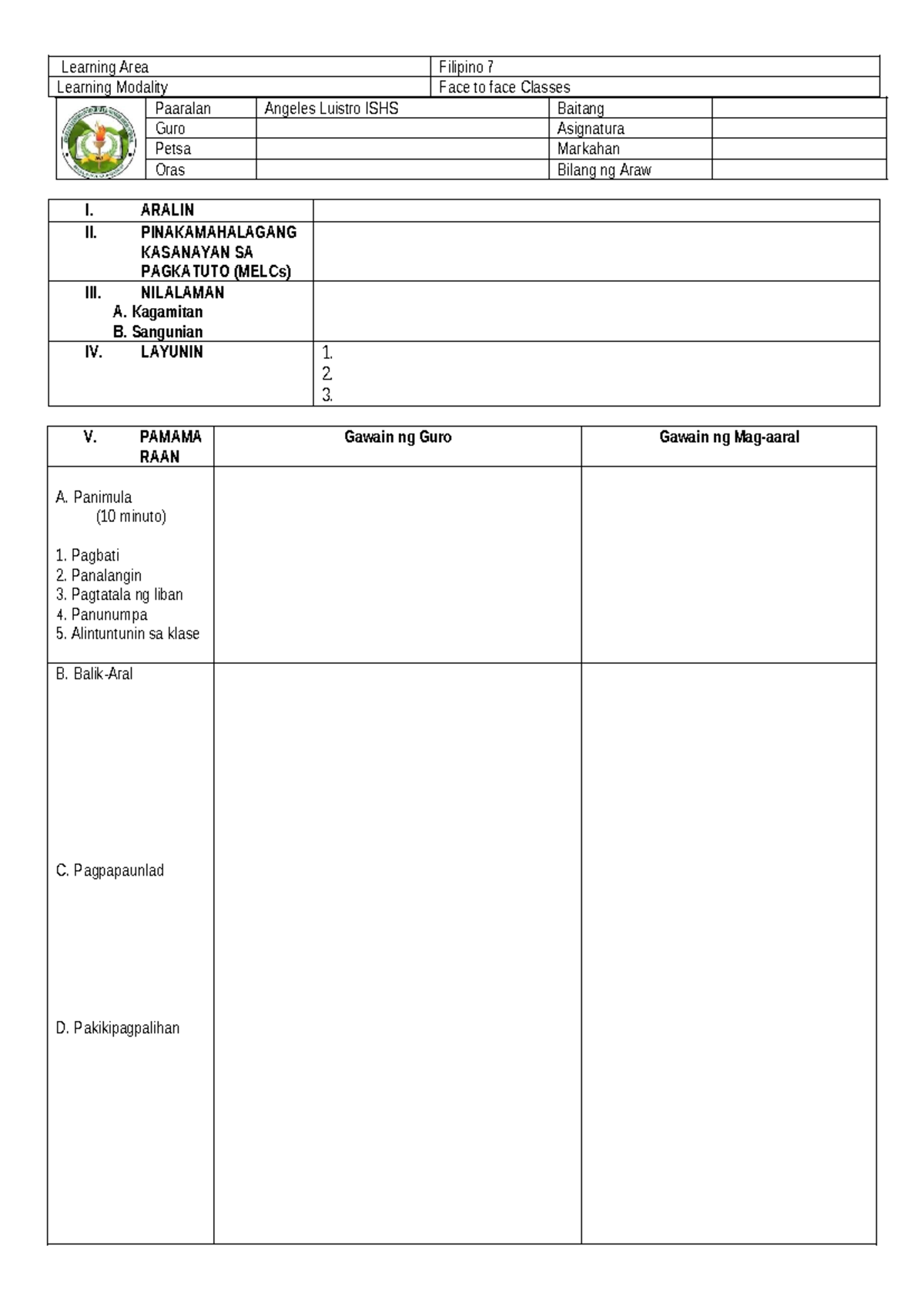 3 - dll filipino 8 - Learning Area Filipino 7 Learning Modality Face to ...