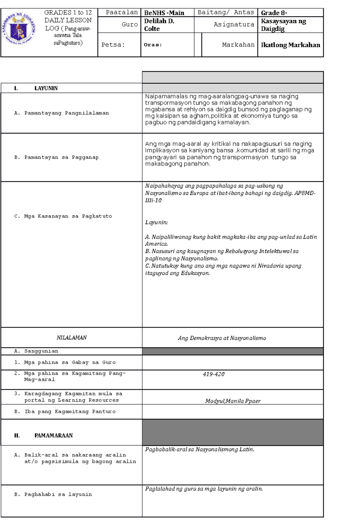 Demokrasya at Nasyonalismo - GRADES 1 to 12 DAILY LESSON LOG ( Pang ...